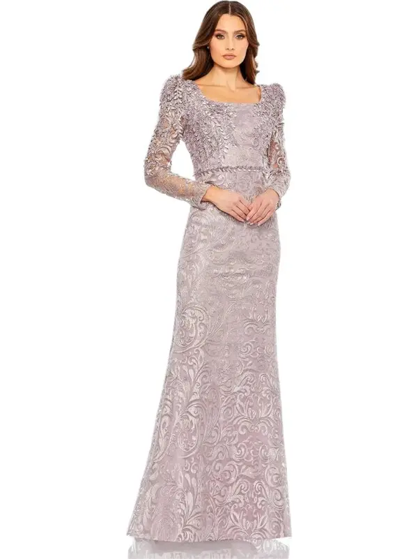 Mac Duggal Long Sleeve Embroidered Applique Trumpet Gown - Purple