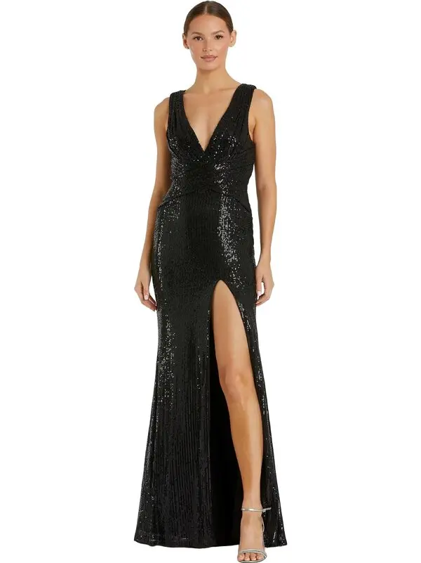 Mac Duggal Sequin V-neck Wrap Waist Gown - Black
