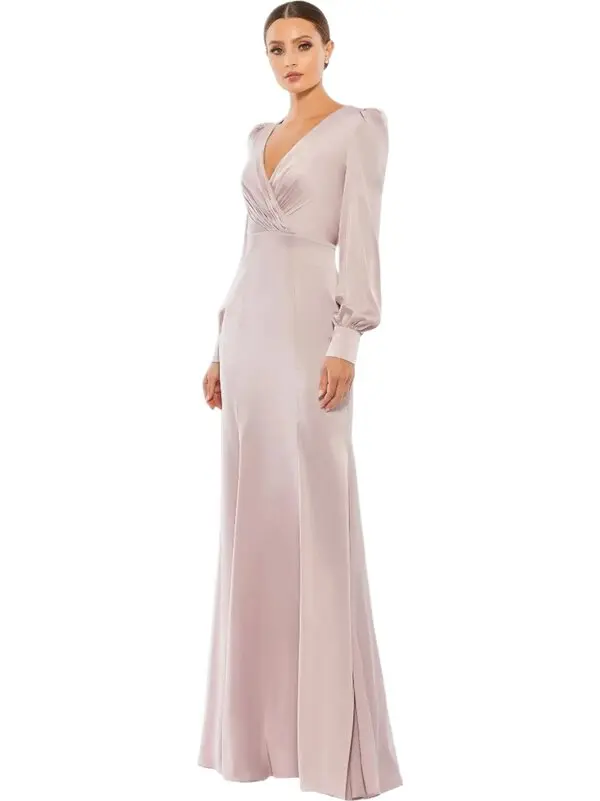 Mac Duggal Satin Ruched Bishop Sleeve Gown - Pink