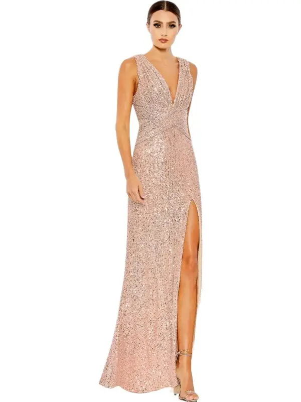 Mac Duggal Sequin V-neck Wrap Waist Gown - Pink