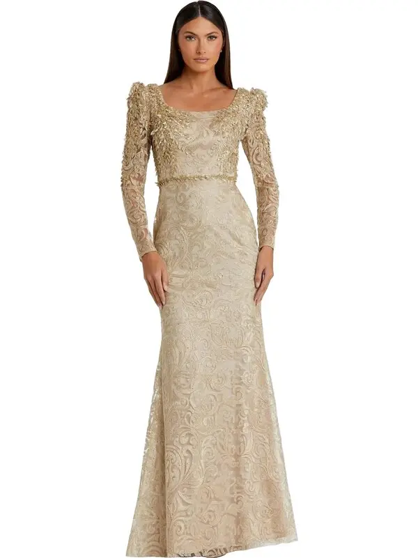 Mac Duggal Embroidered Trumpet Gown With Long Sleeves - Gold