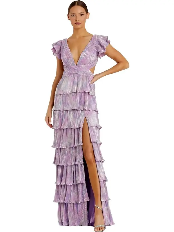 Mac Duggal Tiered Ruffle Lace-up Gown - Purple