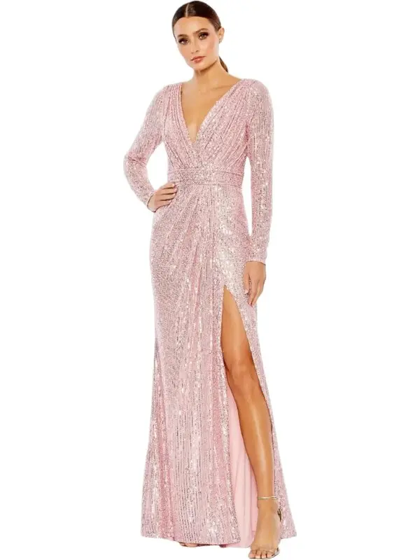 Mac Duggal Sequin Long Sleeve Gown With Slit - Pink