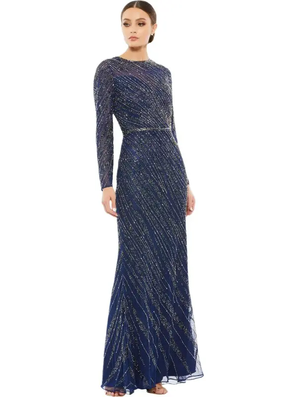 Mac Duggal Long Sleeve Beaded Column Gown - Navy