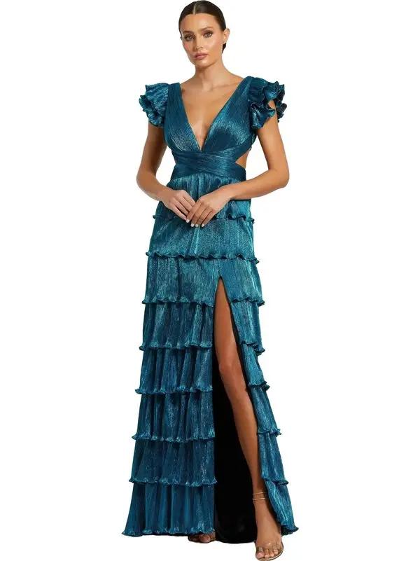 Mac Duggal Ruffle Tiered Lace Up Gown - Blue
