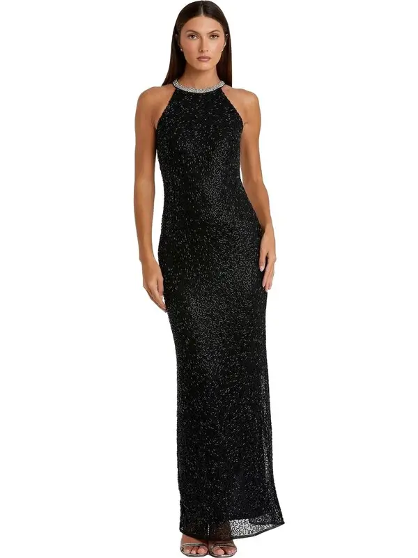 Mac Duggal Beaded High Neck Column Gown - Black
