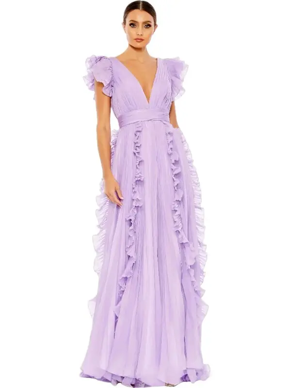 Mac Duggal Pleated Ruffle Cap Sleeve A-line Gown - Purple