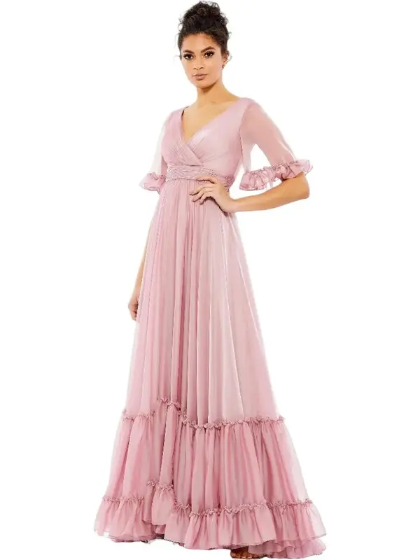Mac Duggal Butterfly Sleeve Wrap-over Flowy Gown - Pink