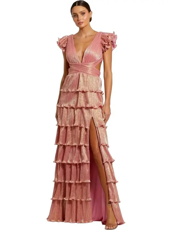 Mac Duggal Ruffle Tiered Lace Up Gown - Pink