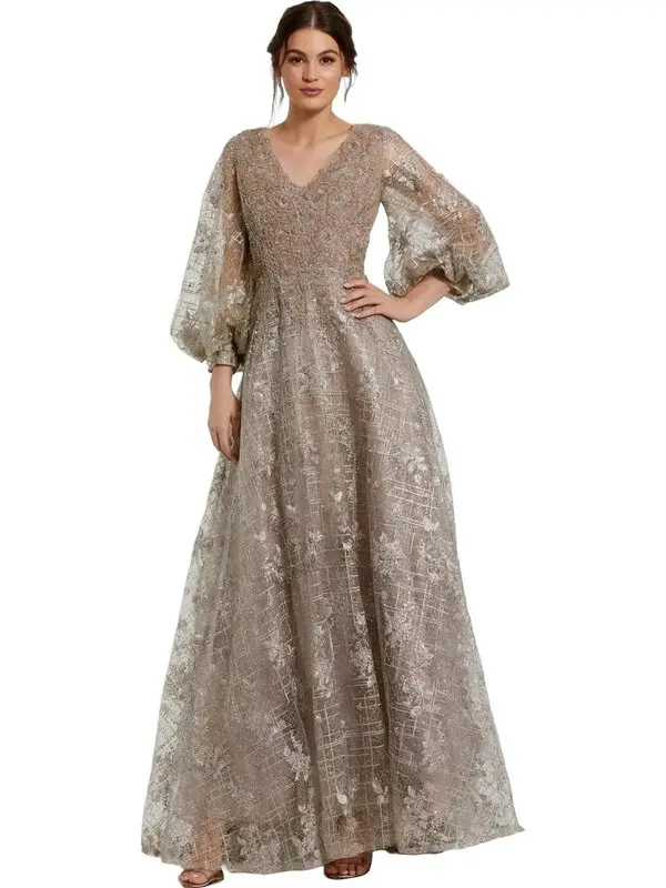 Mac Duggal Embellished Plunge Neck Puff Sleeve A-line Gown - Neutral