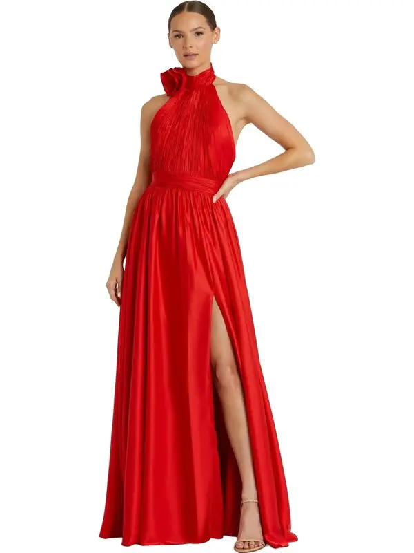 Mac Duggal Halter Neck Satin Gown With Open Back And Slit - Red