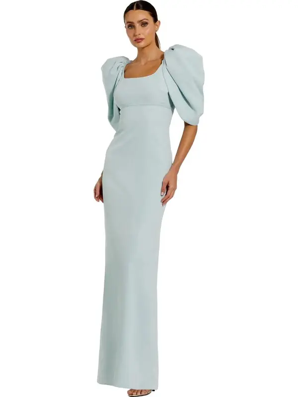 Mac Duggal Fitted Crepe Square Neck Gown With Puff Sleeves - Blue