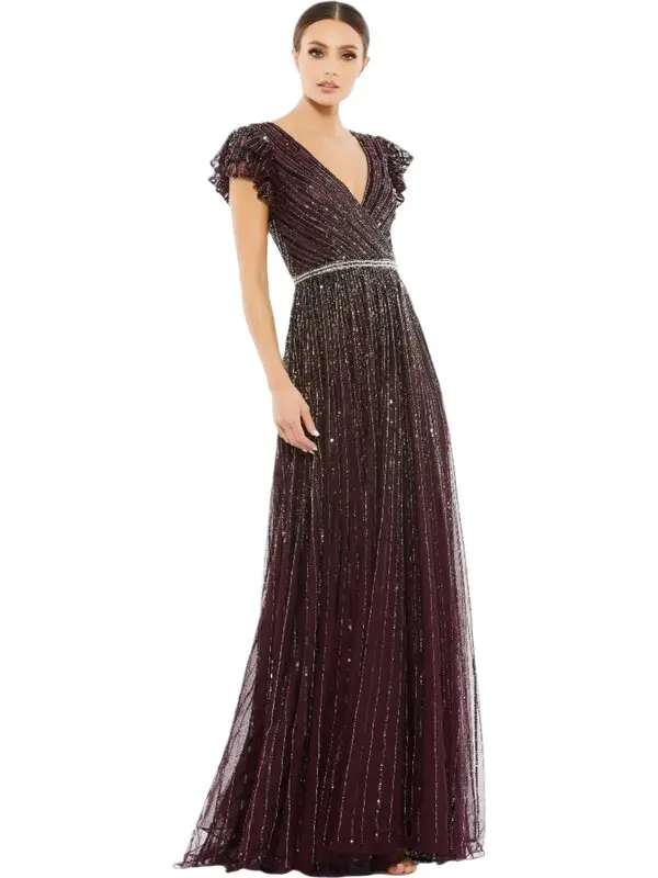 Mac Duggal Sequin-embellished Wrap Gown With Ruffled Cap Sleeves - Purple
