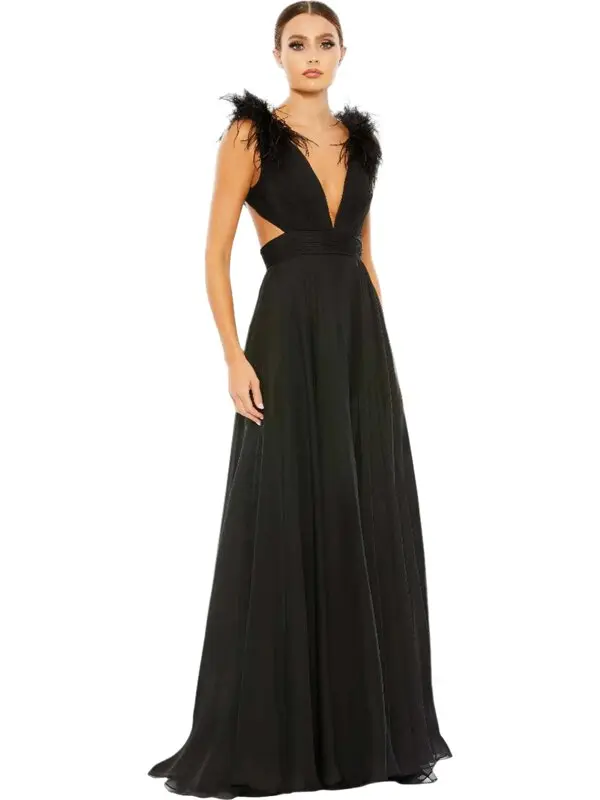 Mac Duggal Plunge Ostrich Feather A-line Gown - Black