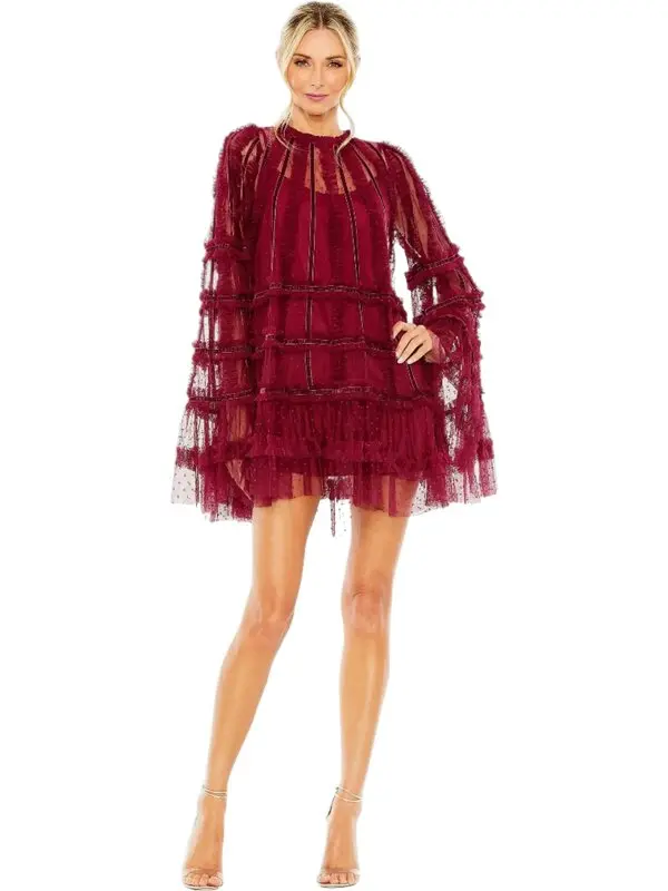 Mac Duggal High Neck Ruffle Bell Sleeve Trapeze Dress - Red