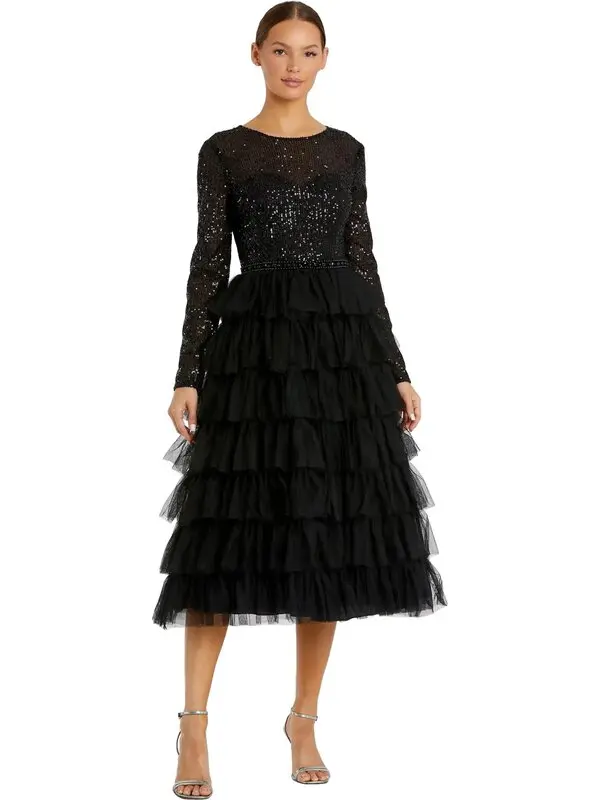 Mac Duggal Long Sleeve Ruffle Tiered Midi Dress - Black