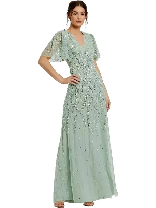 Mac Duggal Beaded Butterfly Sleeve Column Gown - Green