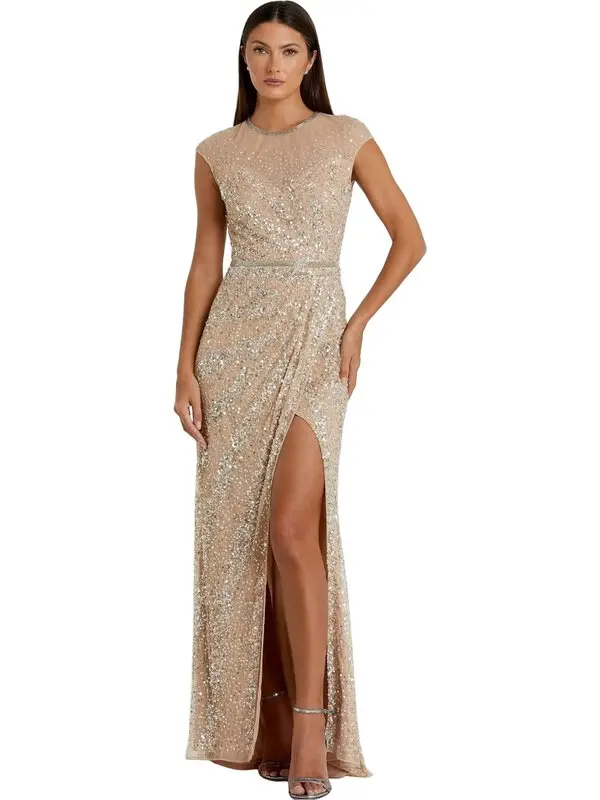 Mac Duggal Embellished Illusion High Neck Cap Sleeve Gown - Neutral