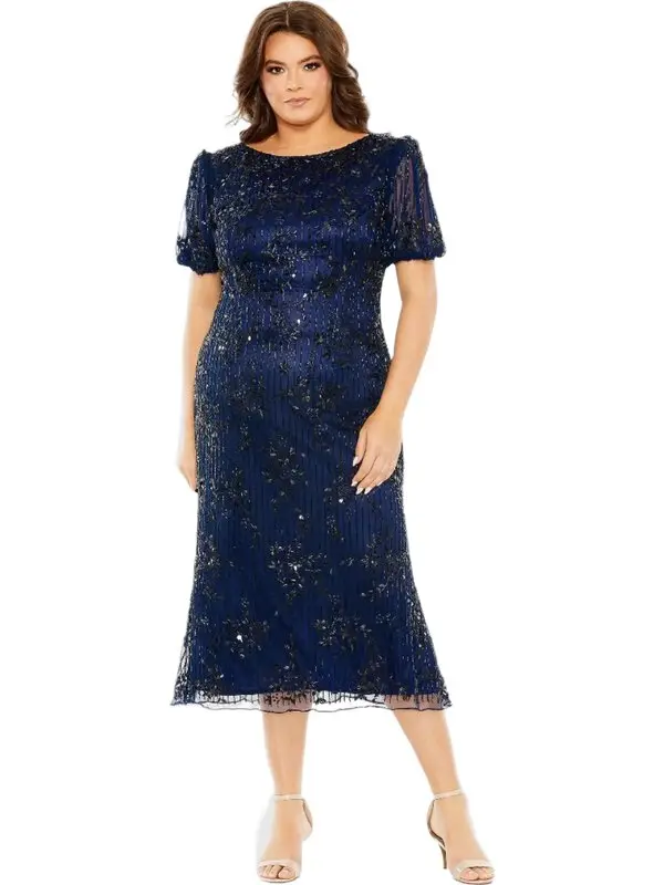 Mac Duggal High Neck Puff Sleeve Embellished Dress - Navy