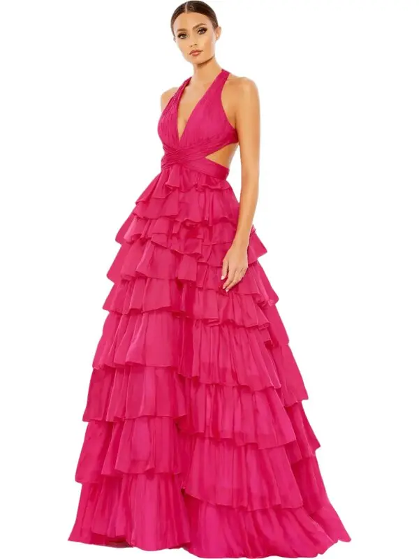 Mac Duggal Chiffon Layered Cut Out Ballgown - Pink