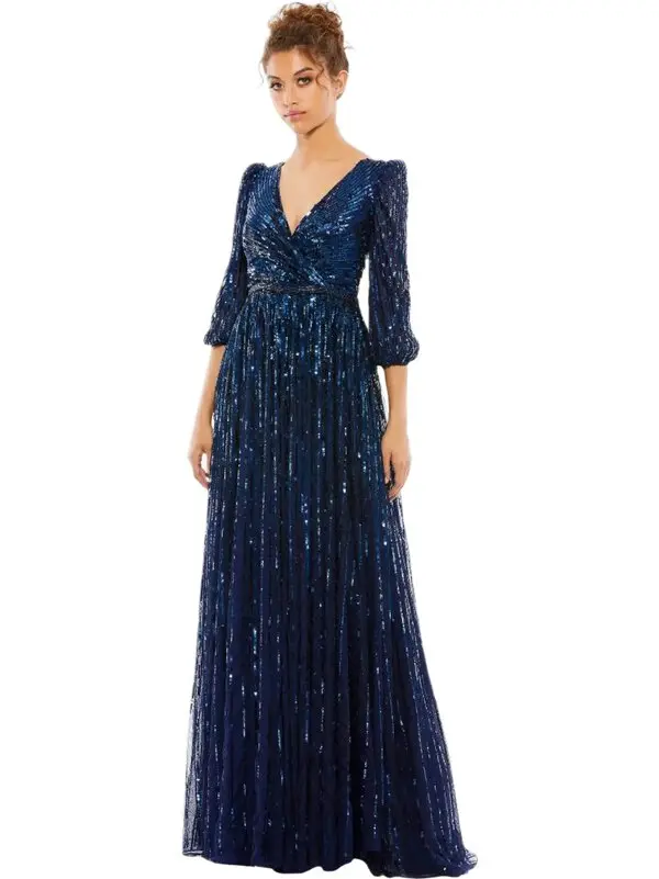 Mac Duggal Sequin-embellished 3/4 Sleeve Wrap Gown - Navy