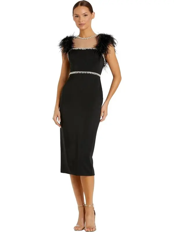 Mac Duggal Feather Cap Sleeve Pearl Embellished Tea-length Dress - Black