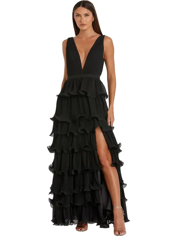 Mac Duggal Sleeveless Ruffle Tiered V-neck Gown - Black