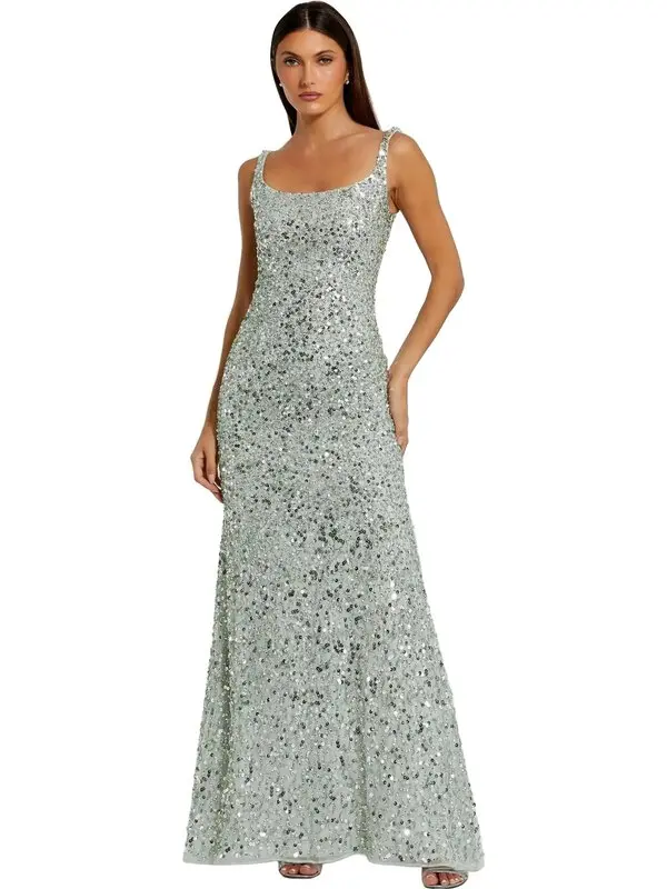 Mac Duggal Sequin Mesh Overlay Low Back Gown - Green