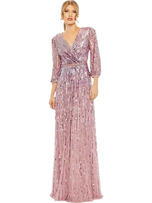 Mac Duggal Sequin Embellished Wrap Over Gown - Purple