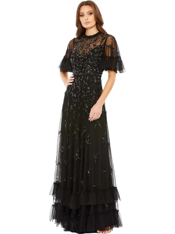 Mac Duggal Ruffled Floral Embellished Flutter Sleeve A-line Gown - Black