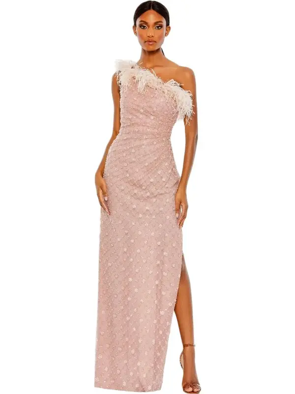 Mac Duggal Embellished One Shoulder Gown With Ostrich Feathers - Pink