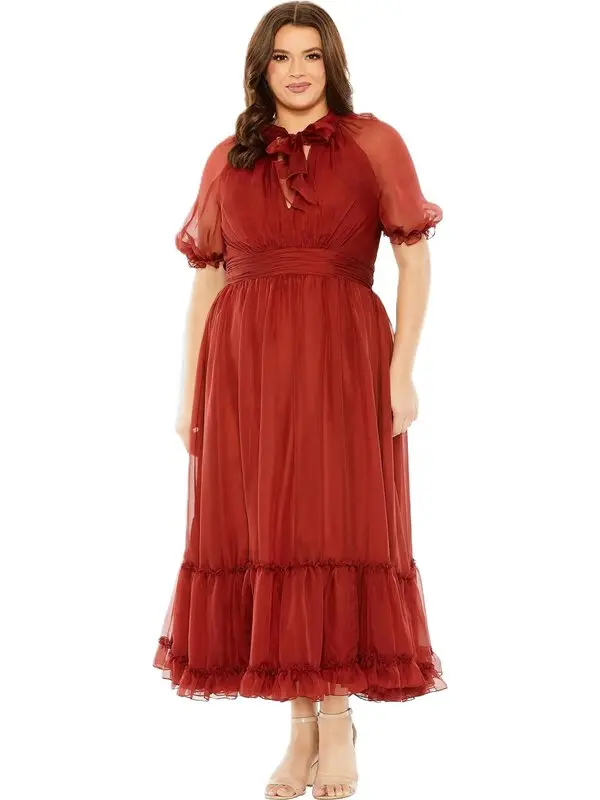 Mac Duggal Sheer Puff Sleeve Dress - Red
