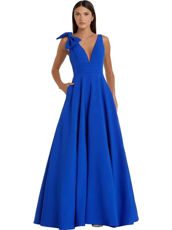 Mac Duggal Sleeveless Plunge Neck Ball Gown With Bow - Blue