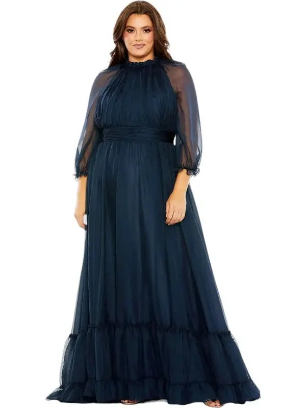 Mac Duggal High Neck Puff Sleeve Tiered A-line Gown - Navy