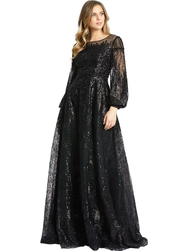 Mac Duggal Jewel Encrusted Illusion Long Sleeve A-line Gown - Black