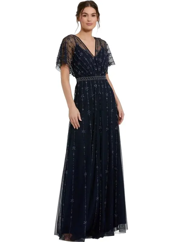 Mac Duggal V-neck Embellished Flutter Sleeve A-line Gown - Navy