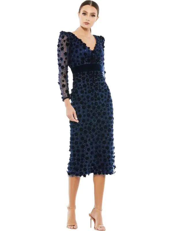 Mac Duggal Velvet Embellished V-neck Sheath Dress - Navy