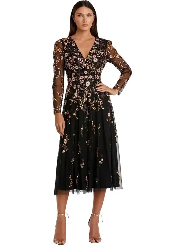 Mac Duggal Floral Embroidered A-line Cocktail Dress - Black