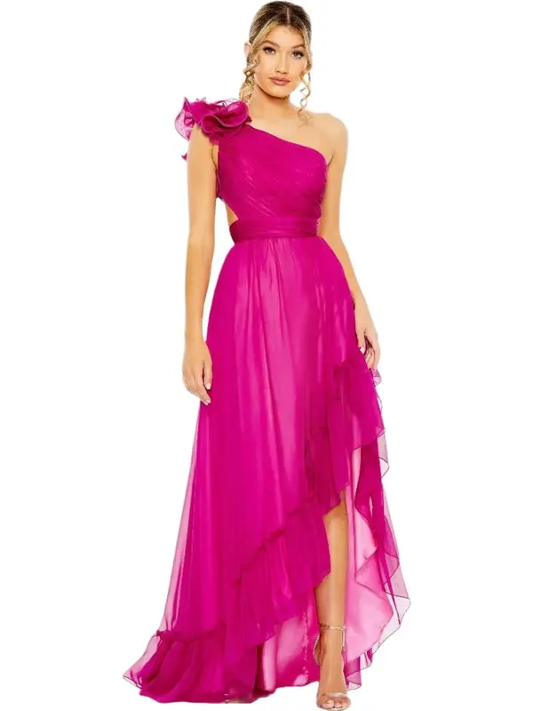 Mac Duggal Ruffled One-shoulder Asymmetrical Gown - Purple
