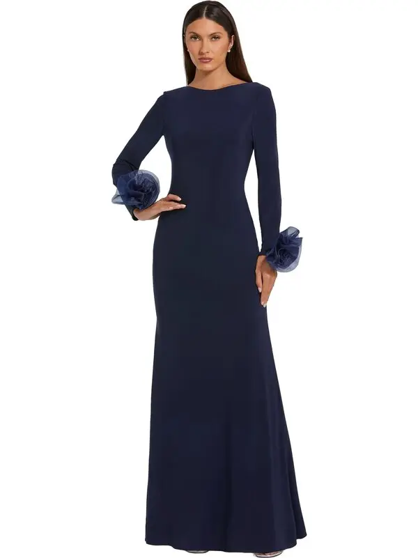 Mac Duggal Long Sleeve Fitted Jersey Gown With 3d Flowers - Navy