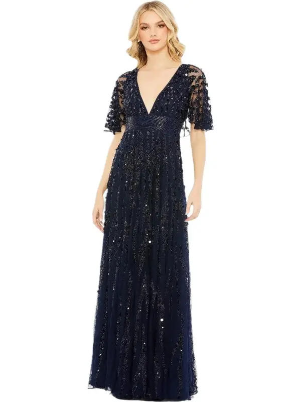 Mac Duggal Embellished V-neck Empire Waist Gown - Navy