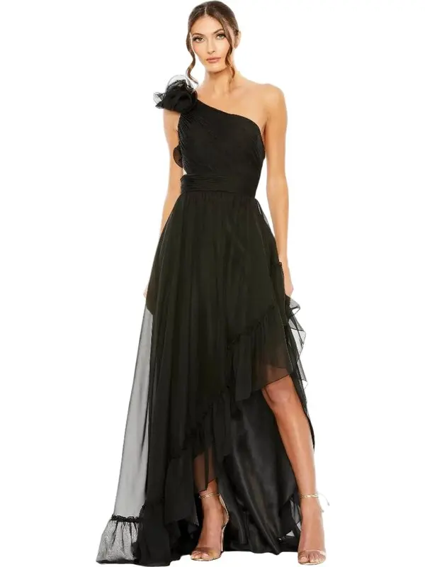Mac Duggal Ruffled One-shoulder Asymmetrical Gown - Black