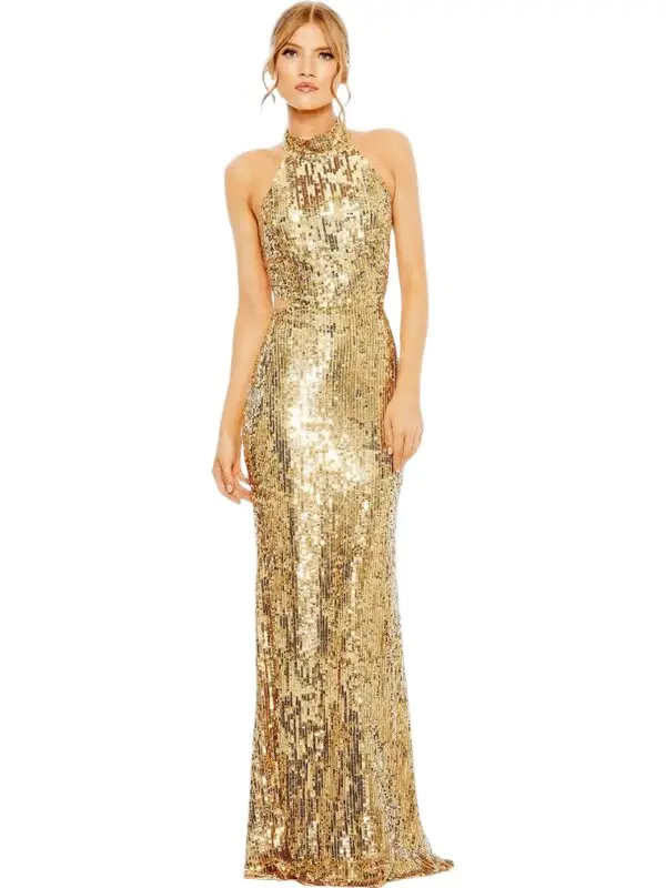 Mac Duggal Sequin Halter Neck Open Back Gown - Gold