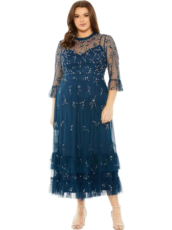 Mac Duggal High Neck Embellished Flutter Sleeve Dress - Navy