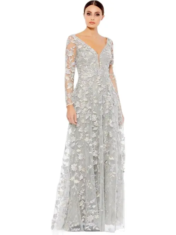Mac Duggal Floral Applique Illusion Gown - Gray