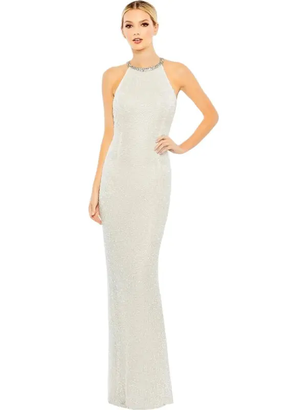 Mac Duggal Beaded Sleeveless High Neck Column Gown - White