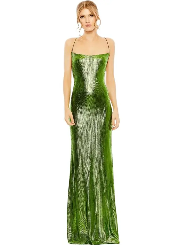Mac Duggal Metallic Lame Column Gown With Lace-up Back - Green