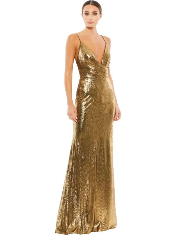 Mac Duggal Metallic Faux Wrap Gown - Gold