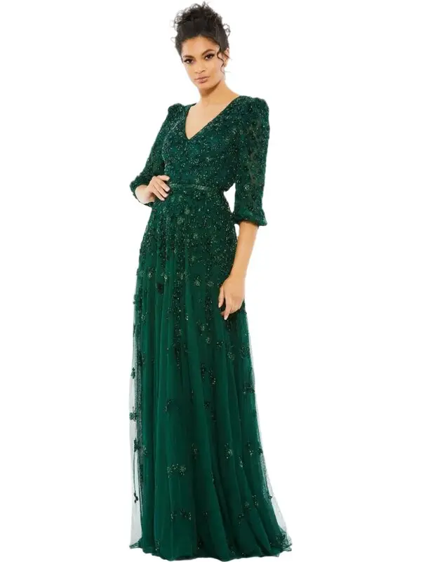 Mac Duggal Embellished V-neck A-line Gown - Green