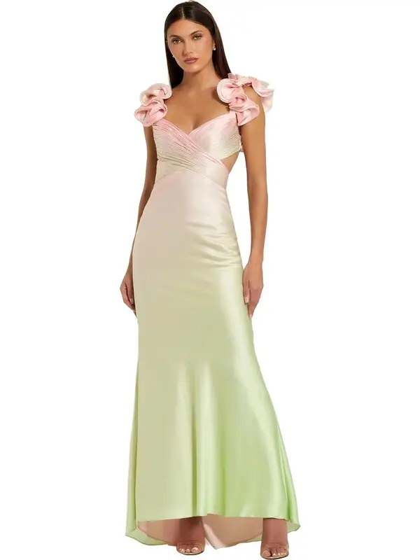 Mac Duggal Charmeuse Ruffle Strap Crossover Ombre Gown - Pink